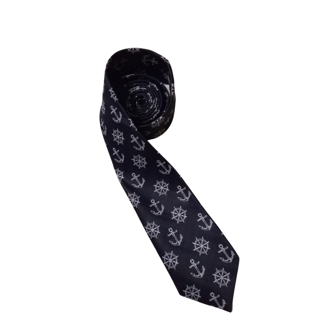 Merchant Navy Anchor & Helm Wheel Woven Formal Unisex Navy Blue Neckti ...