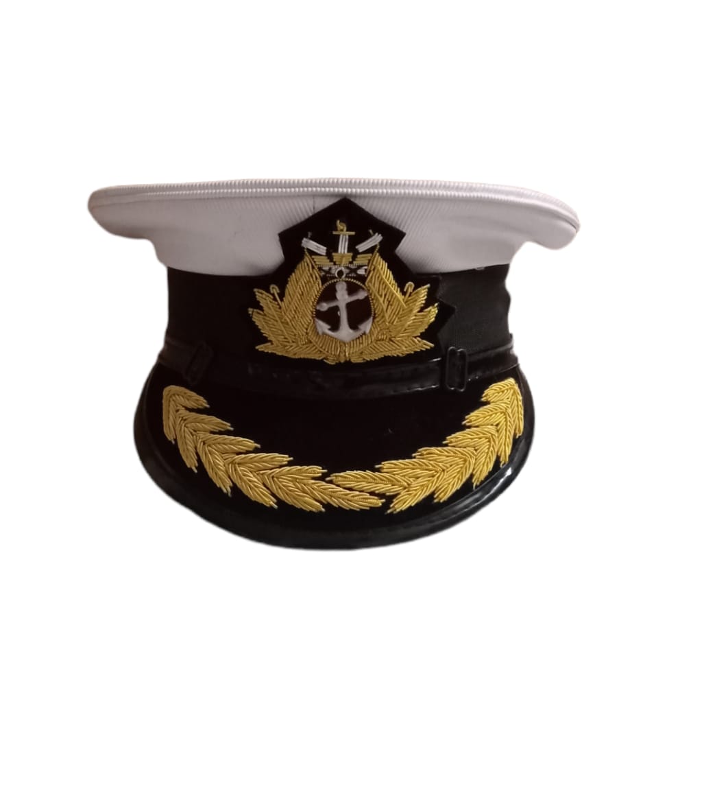 Merchant Navy White Peak Cap with Hand Embroidered Badges for Master a ...